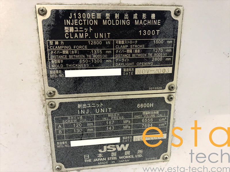 JSW J1300EIII-6600H (YR 2003) Used Plastic Injection Moulding Machine ...